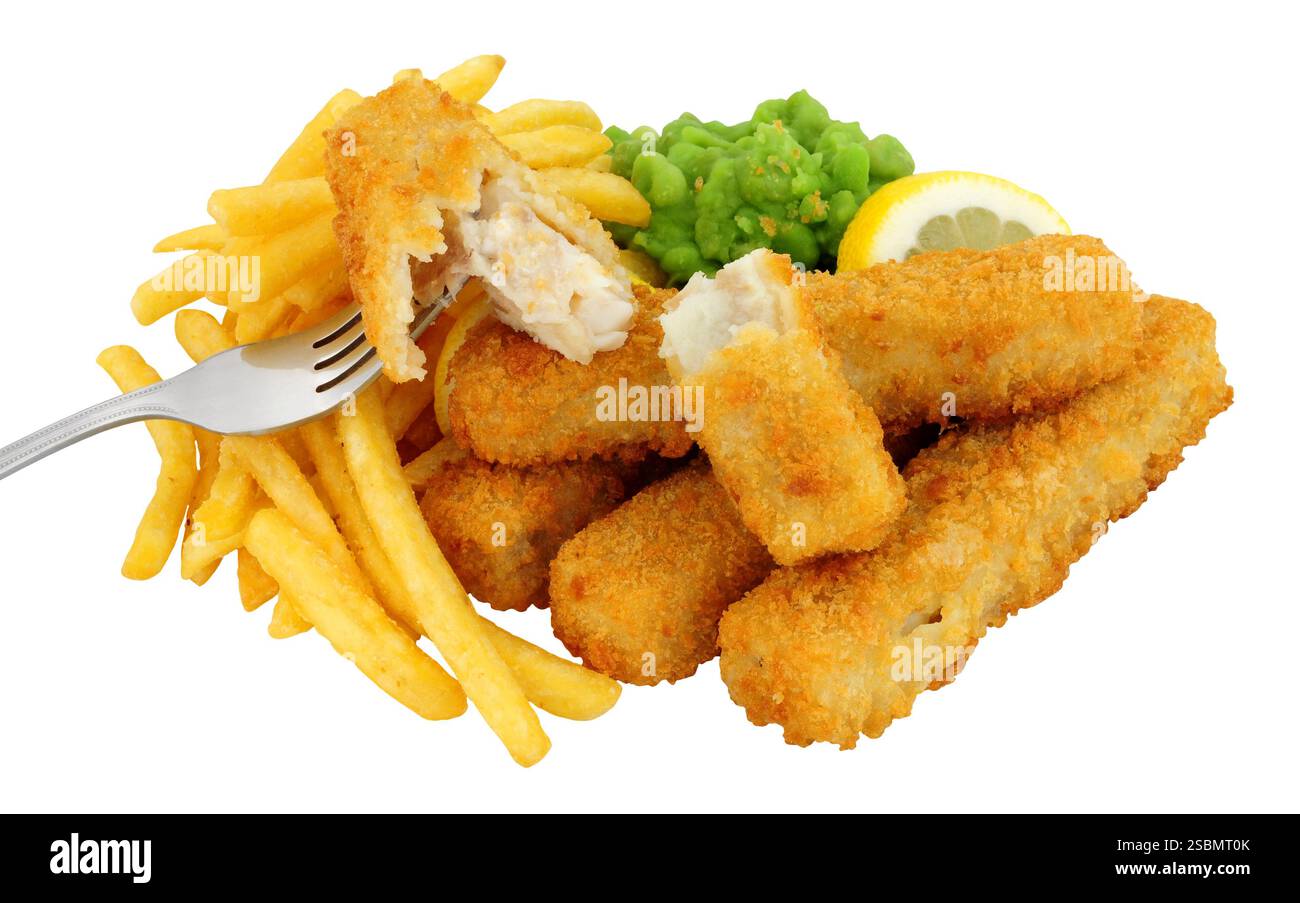Breadcrumb coated cod steak fish fingers and chips meal with mushy peas ...