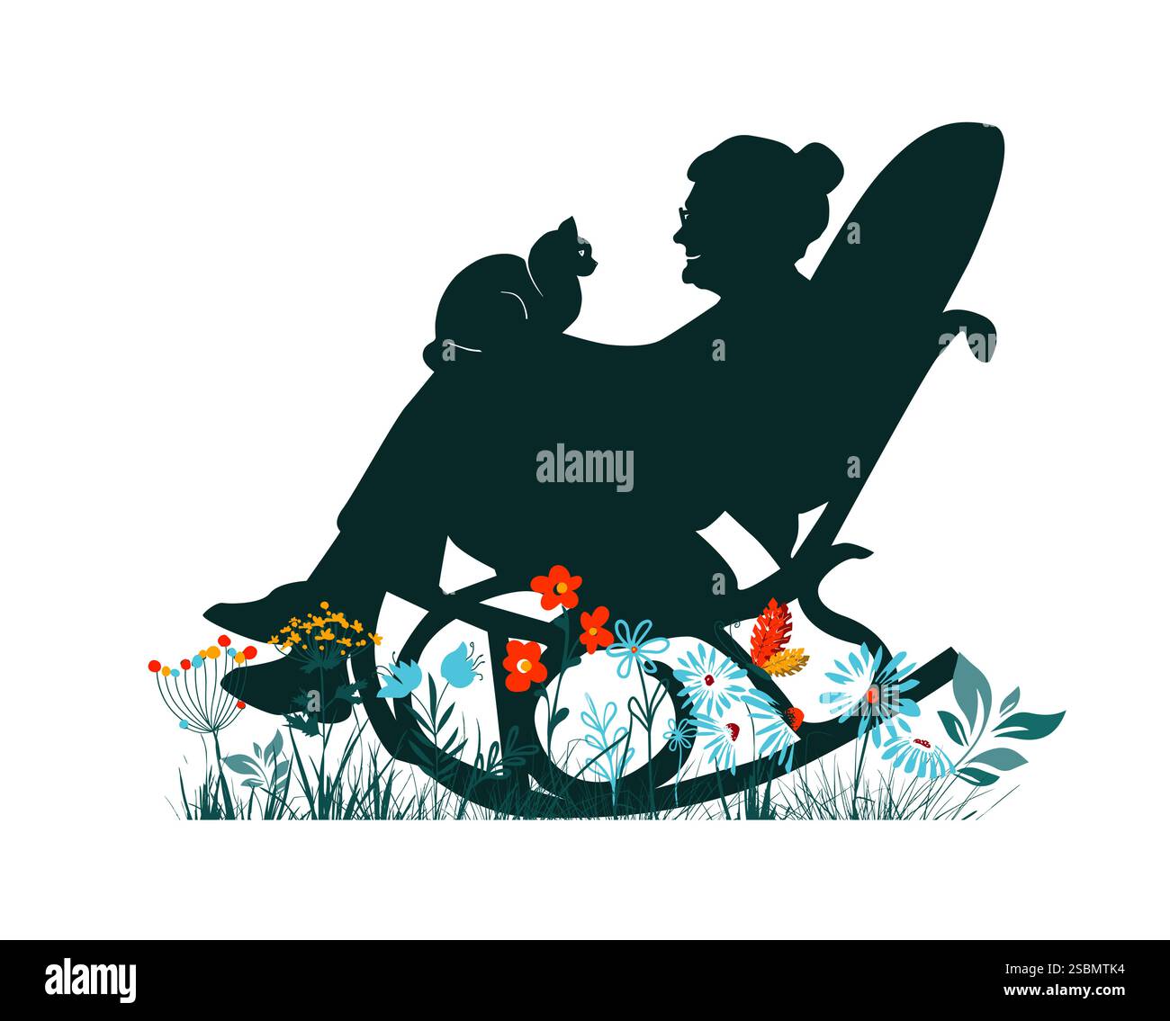 Grandma on a rocking chair with a cat. Old woman on retirement sitting ...