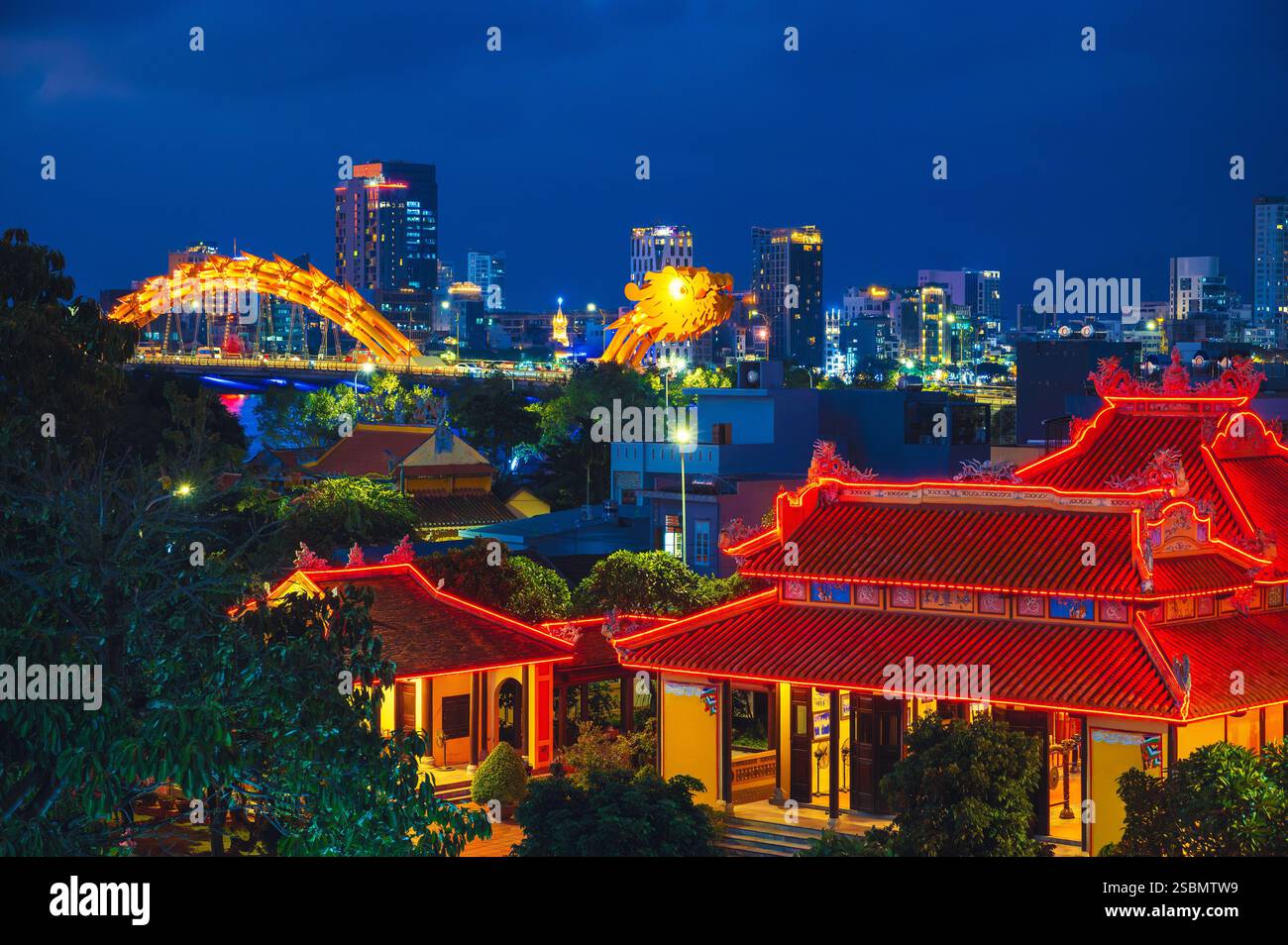 Night view of Da Nang city with Dragon Bridge in Vietnam in Asia Stock ...