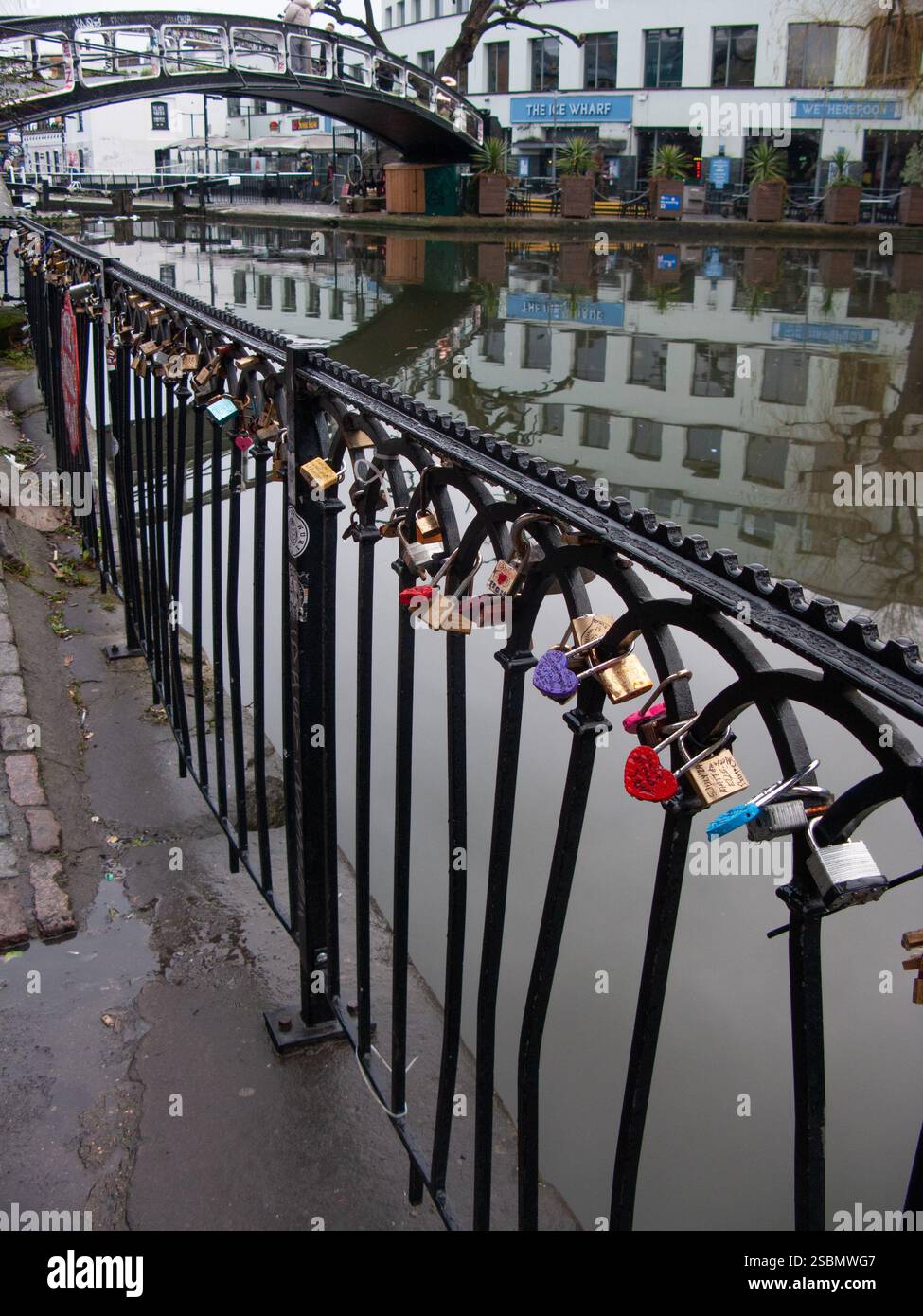 Love lock padlocks on railings, Camden Lock, Regents Canal, London ...