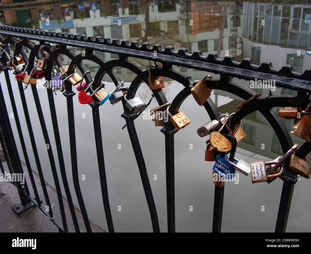 Love lock padlocks on railings, Camden Lock, Regents Canal, London ...