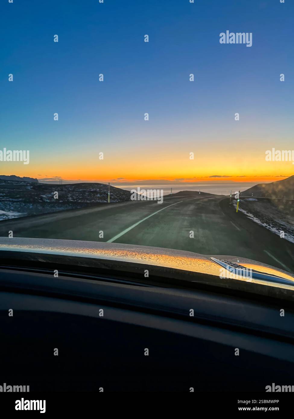 View through driving car Iceland road with a view and sideways full of ...