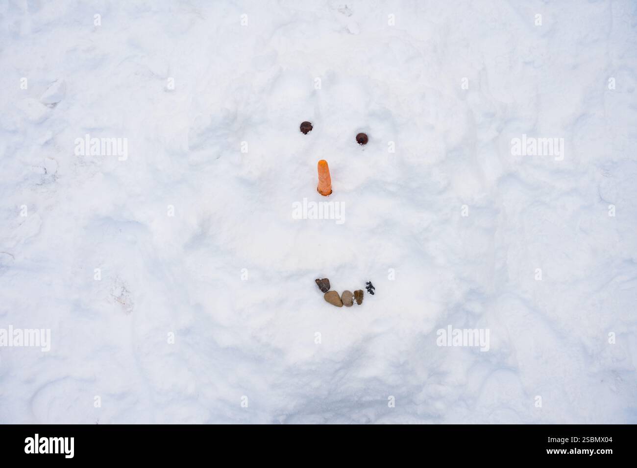 Funny snowman face with carrot nose and pebble smile in winter ...