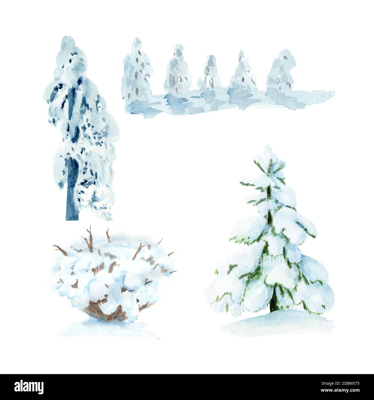 Pine tree, spruce, bush, tree line under heavy snow watercolor set ...