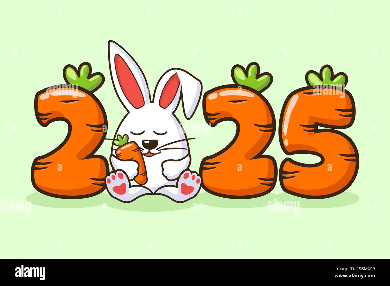 Carrots numbers Inscription 2025 with cute rabbit. Cartoon Design for ...