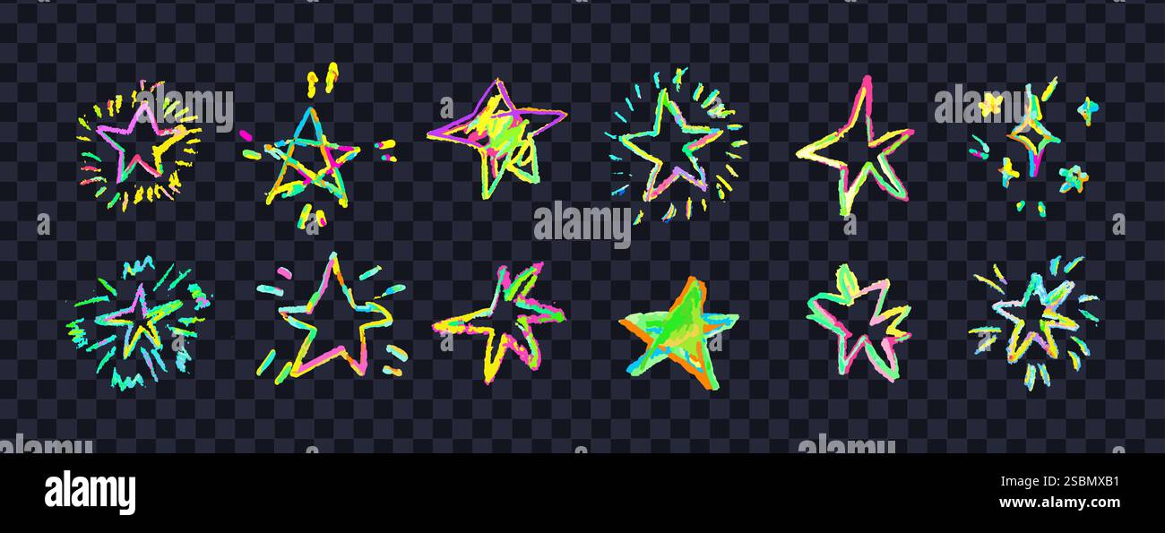 Set of colorful neon chalk drawing stars. Shine or sparkle doodle ...