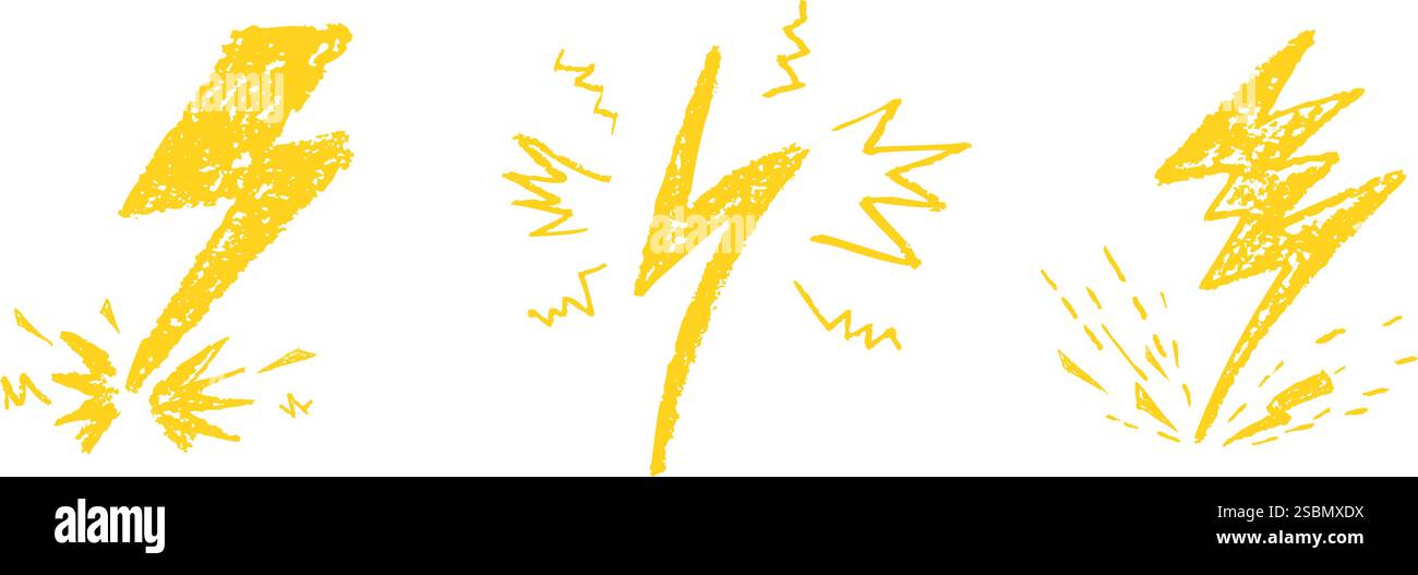 Set of lightning by wax pencil drawing. Collection of handdrawing chalk ...