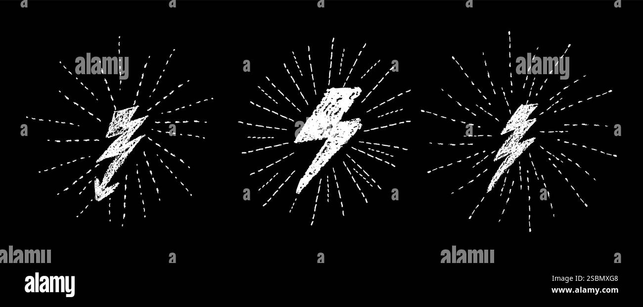 Set of lightning wax pen drawing silhouette. Collection of thunder or ...