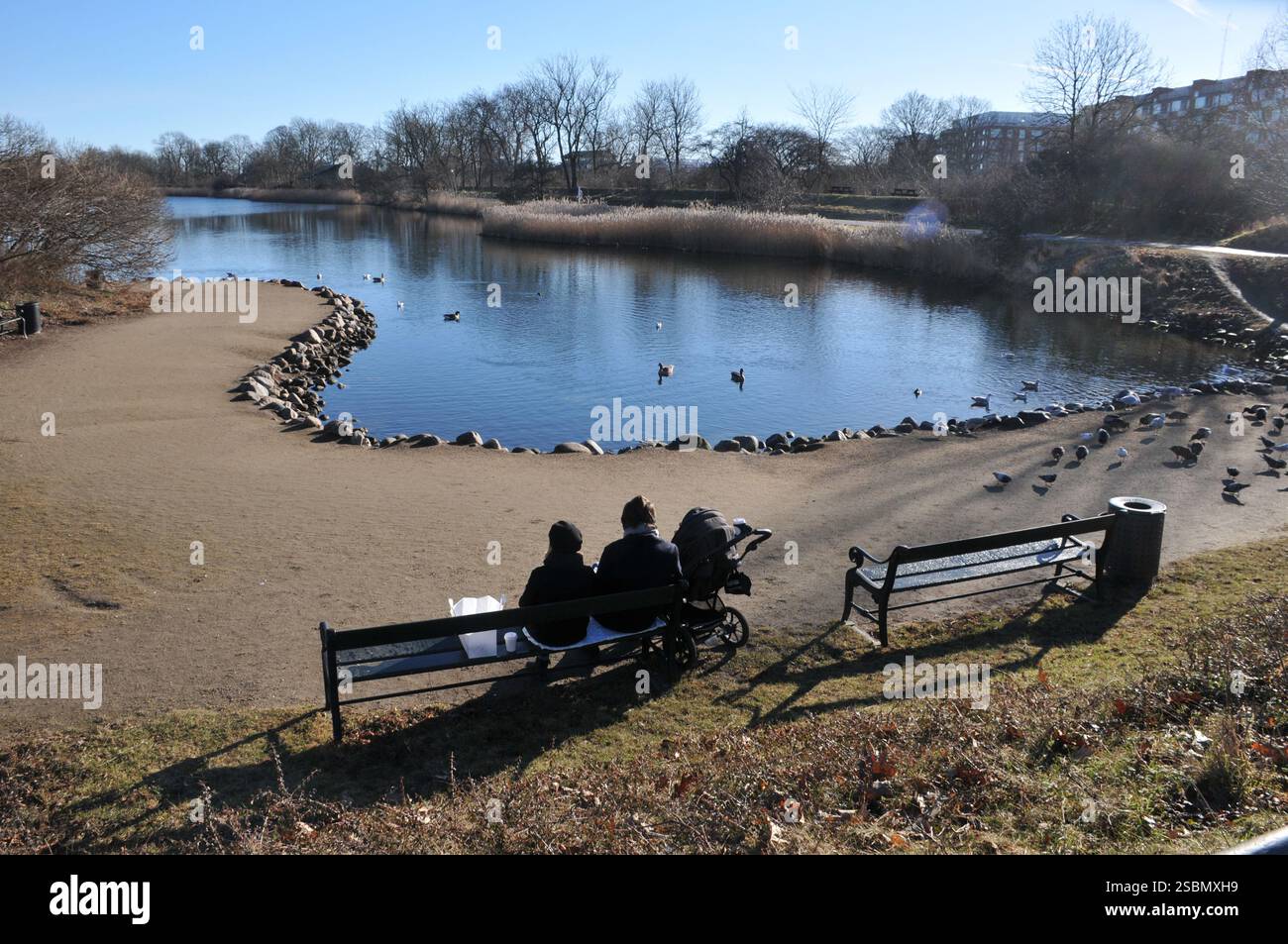 Copenhagen, Denmark. 27 February 2021, Family enjoy sun sine climate ...