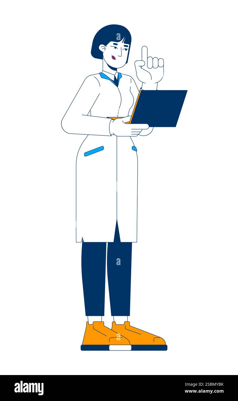 Asian female scientist in lab coat holding laptop 2D cartoon character ...