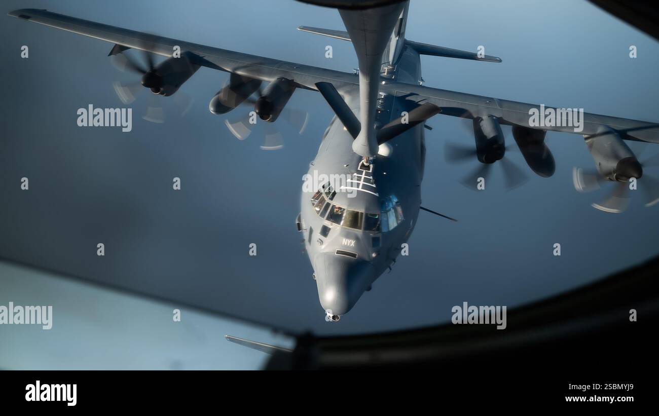 A U.S. Air Force AC-130J Ghostrider refuels from a KC-135 Stratotanker ...
