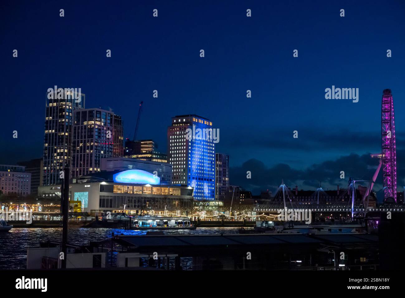 View of the River Thames and Royal Festival Hall, at night, London ...