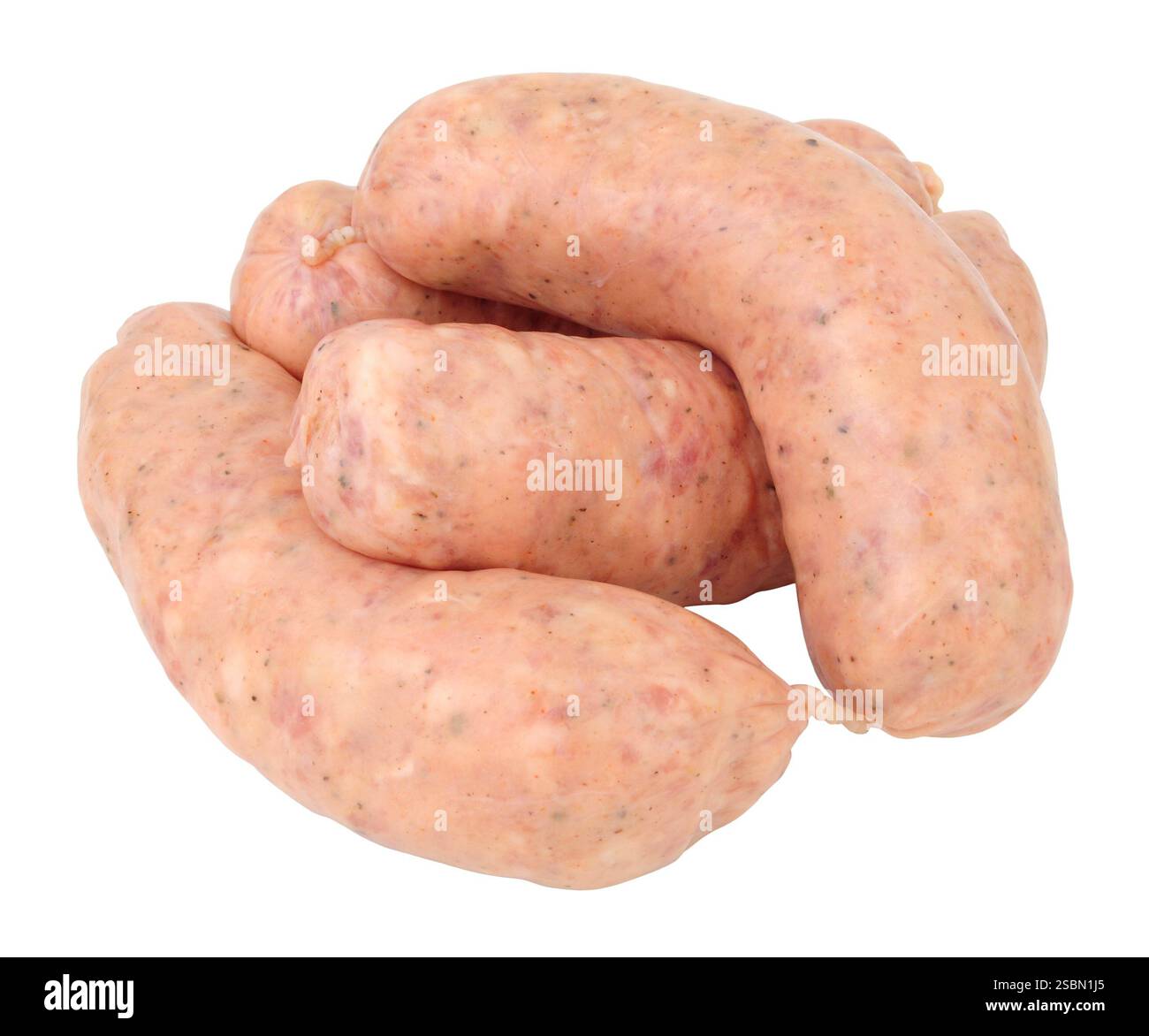 Group of fresh raw pork meat link sausages isolated on a white ...