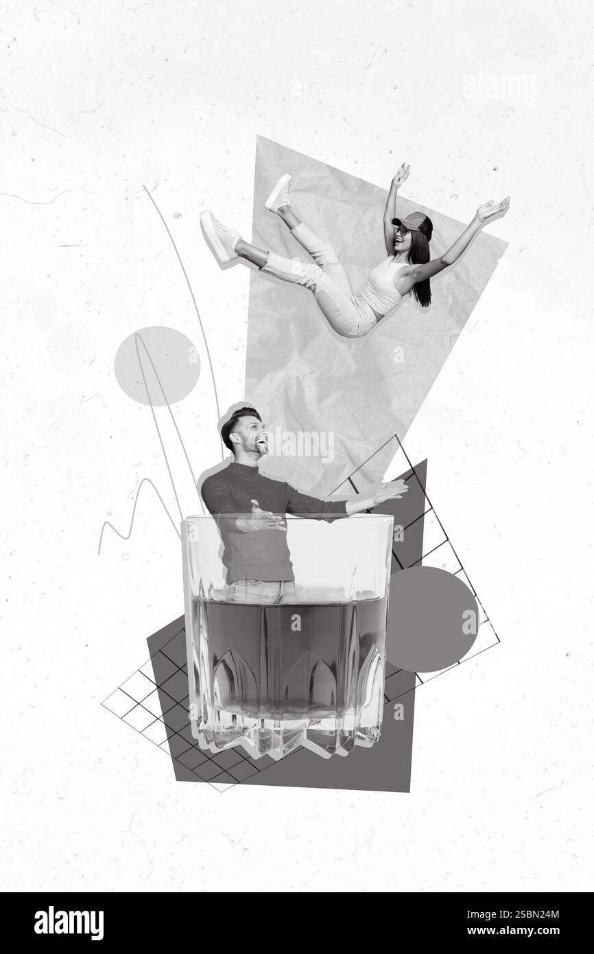 Vertical collage picture of black white gamma excited guy inside ...