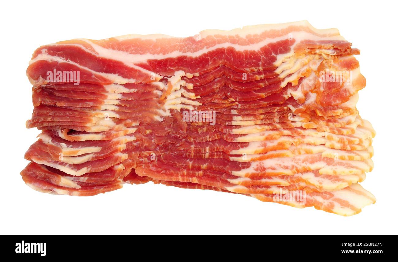 Smoked raw British dry cured streaky bacon rashers isolated on a white ...