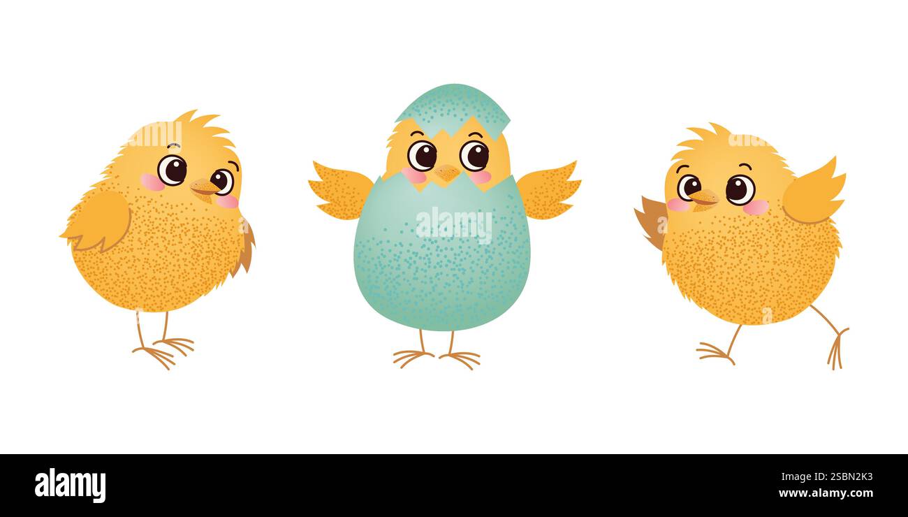 Three baby chicks, one hatching from an Easter egg. Cute cartoon ...