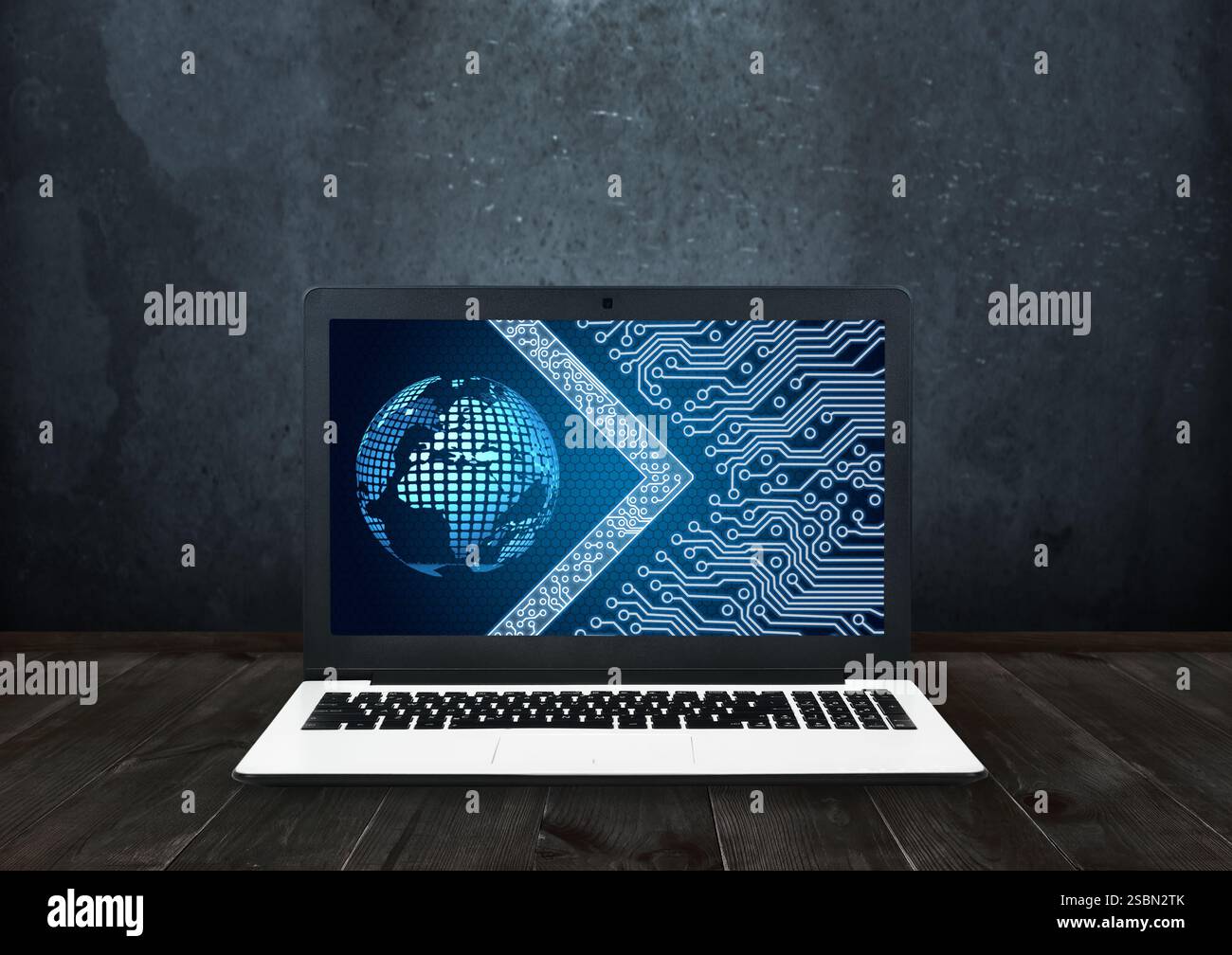 Hologram with digital earth interface and mother board on laptop screen ...