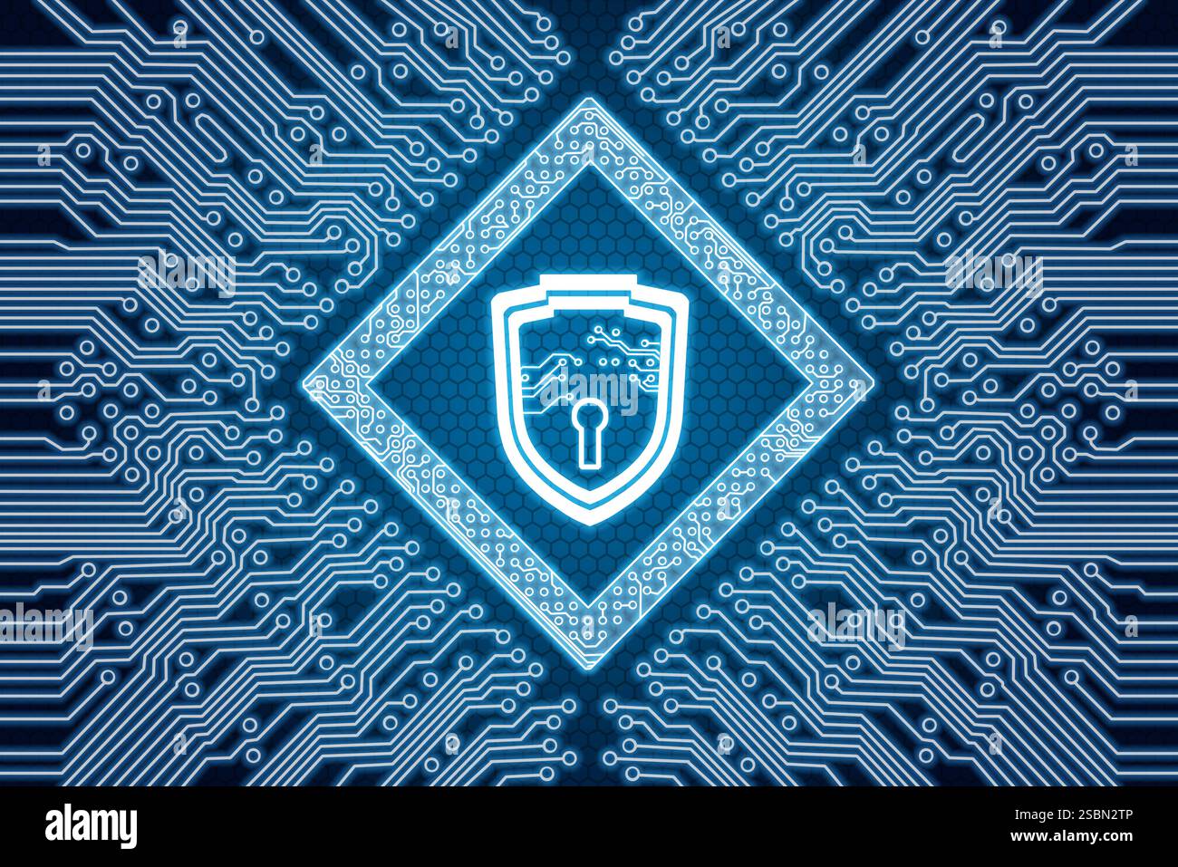 Digital shield with lock and mother board interface on virtual screen ...