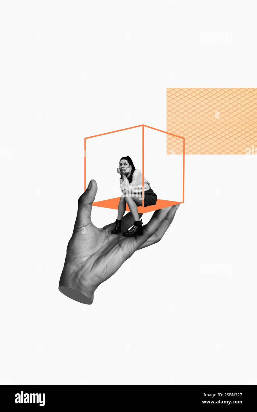 Trend image vertical photo collage of puzzled girl sit birdcage cube ...