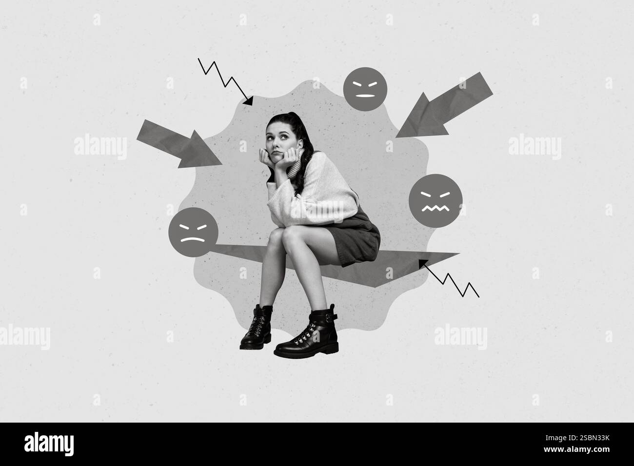 Collage photo of young sad lady wear casual outfit sit platform touch ...