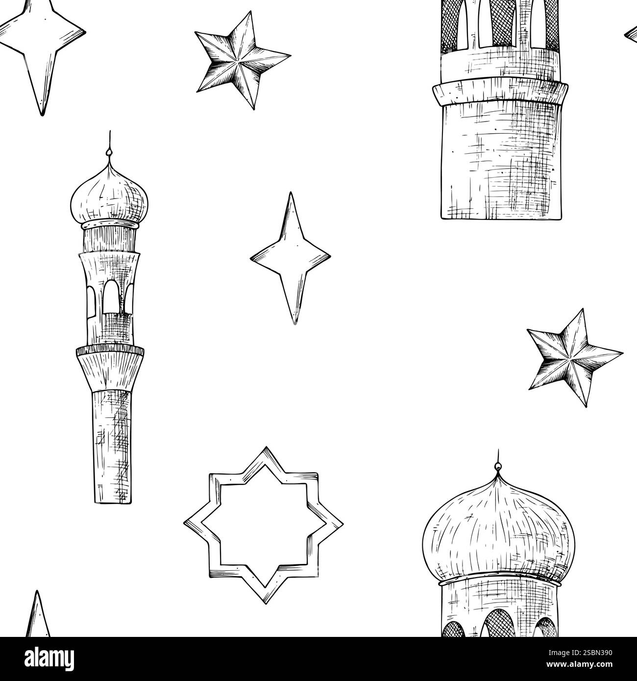 Vector Islamic seamless pattern with minare, stars. Graphic ...