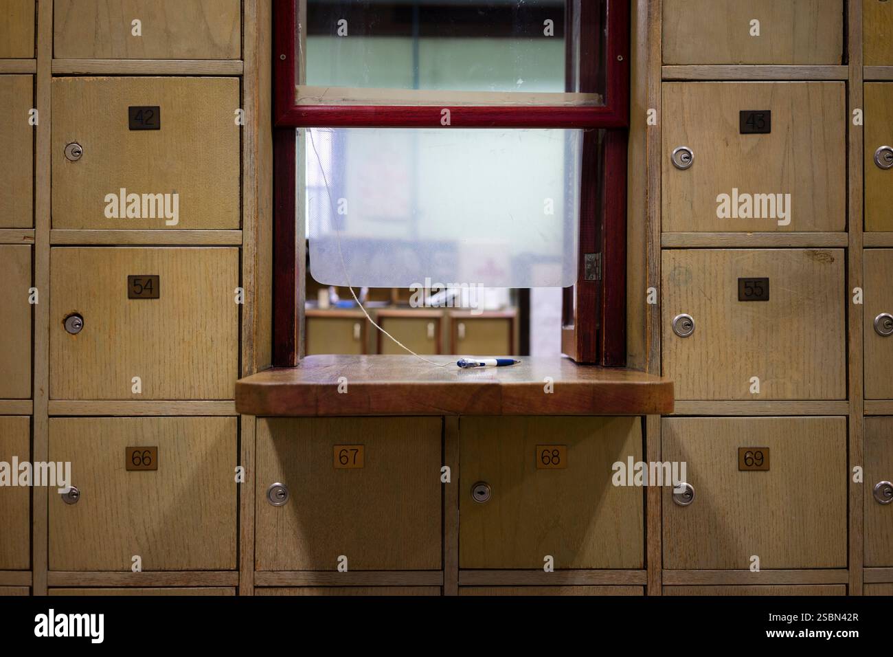 Old wooden post office counter with lockable boxes Stock Photo - Alamy