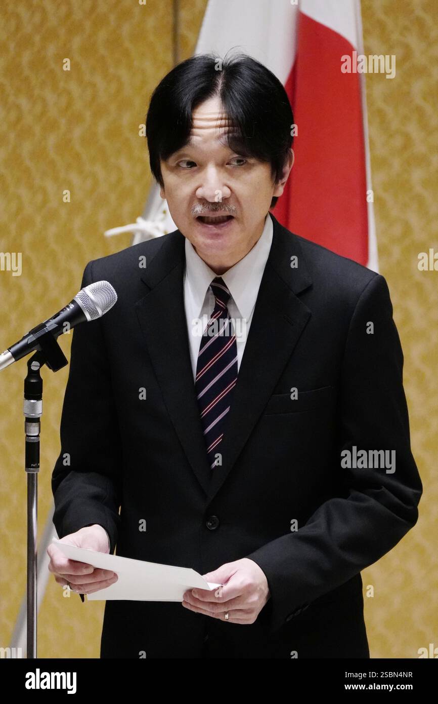 Japanese Crown Prince Fumihito addresses an award ceremony for winners ...