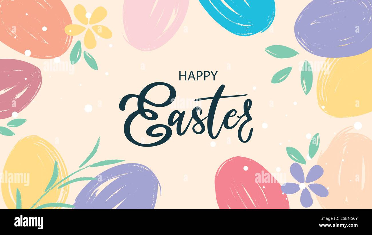 Happy Easter horizontal holiday banner. Template with colorful eggs and ...