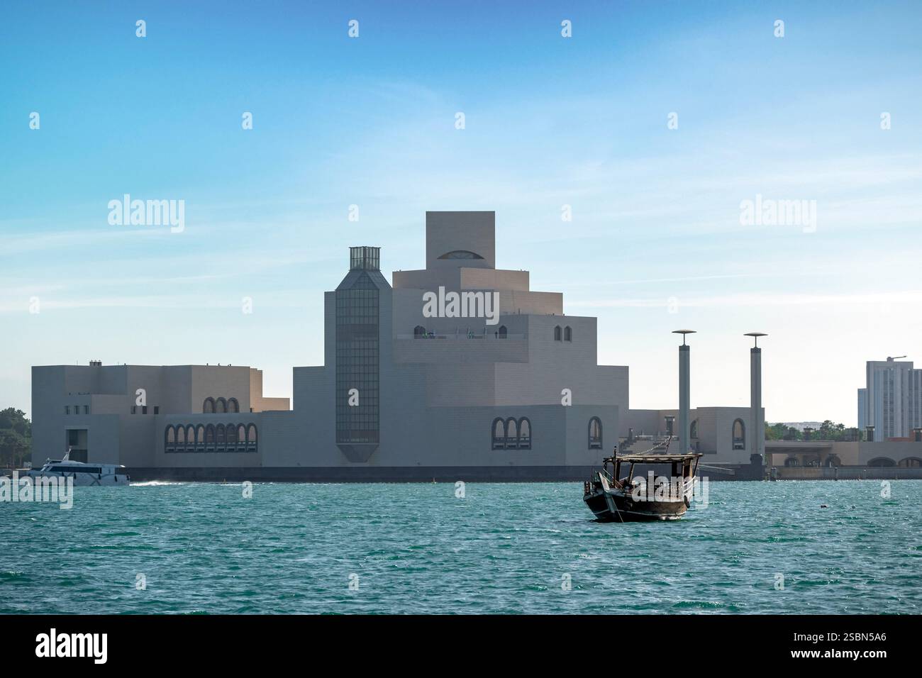 Seafront of Doha park and Museum of Islamic Art during sunset sunrise ...