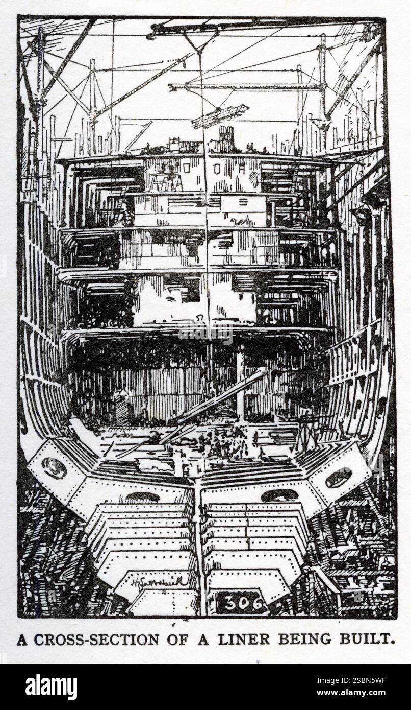 engraving of a cross setion of a liner under construction Stock Photo ...
