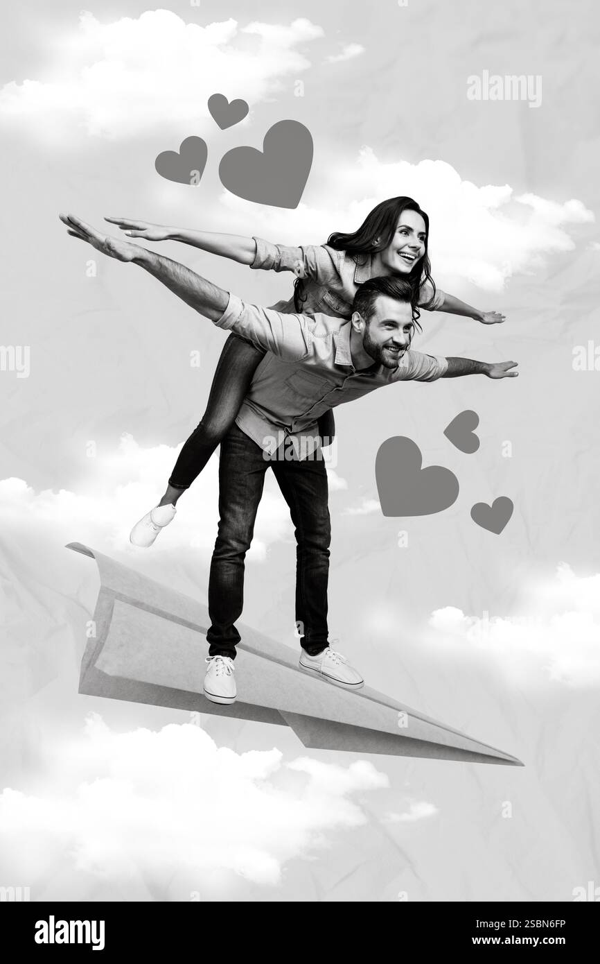 Vertical creative collage of two cheerful people piggyback stand paper ...