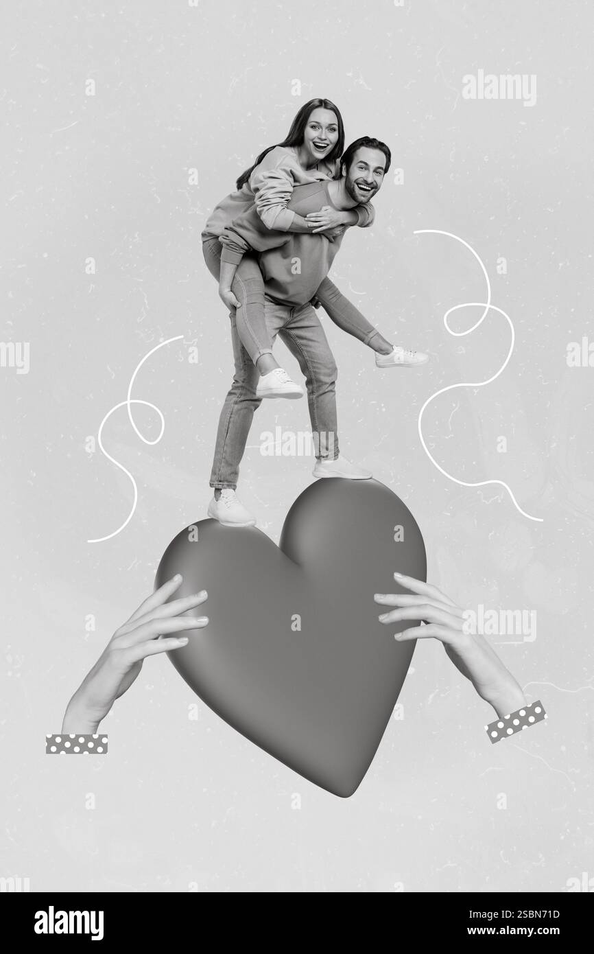 Vertical collage image of arms hold big heart two mini people piggyback ...