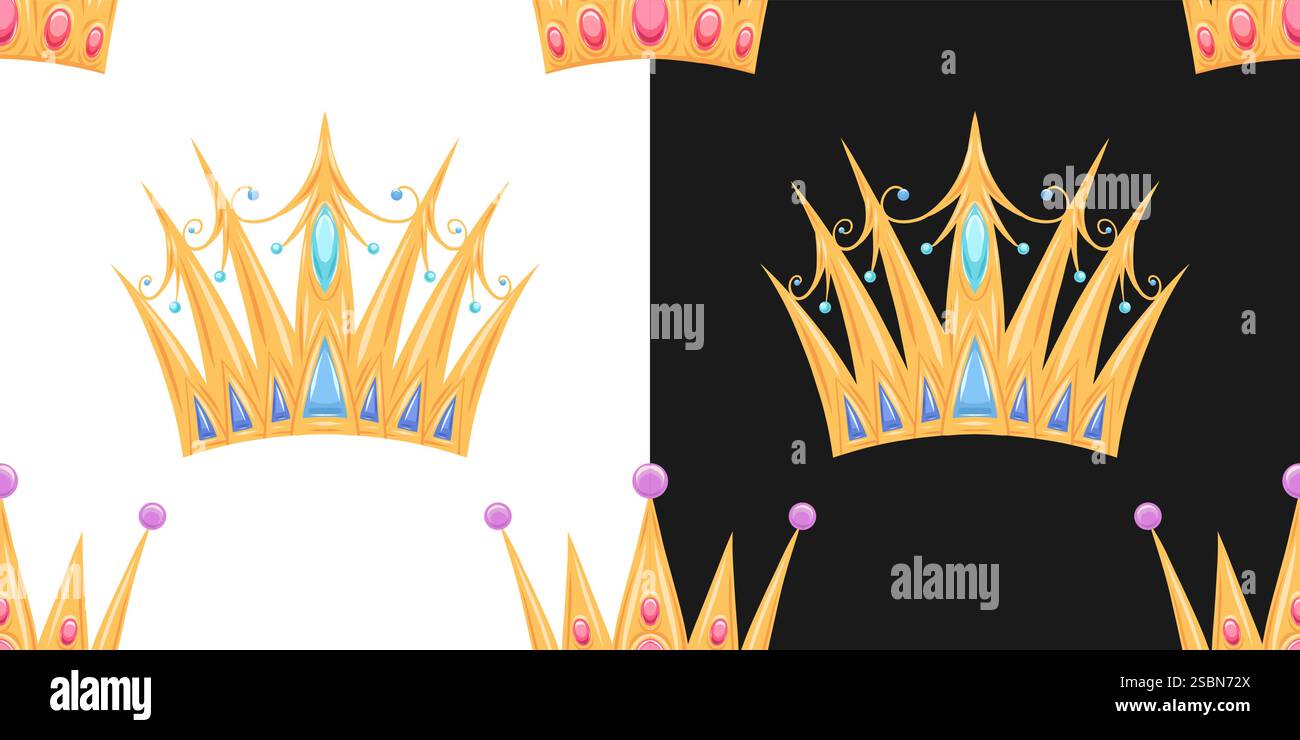 Vector set of seamless patterns with golden crowns on white and black ...