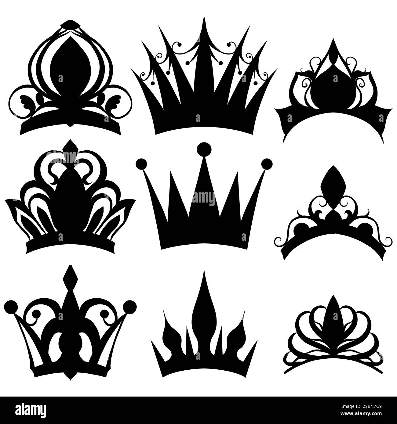 Vector set of black silhouette of queens crowns and tiaras. Collection ...