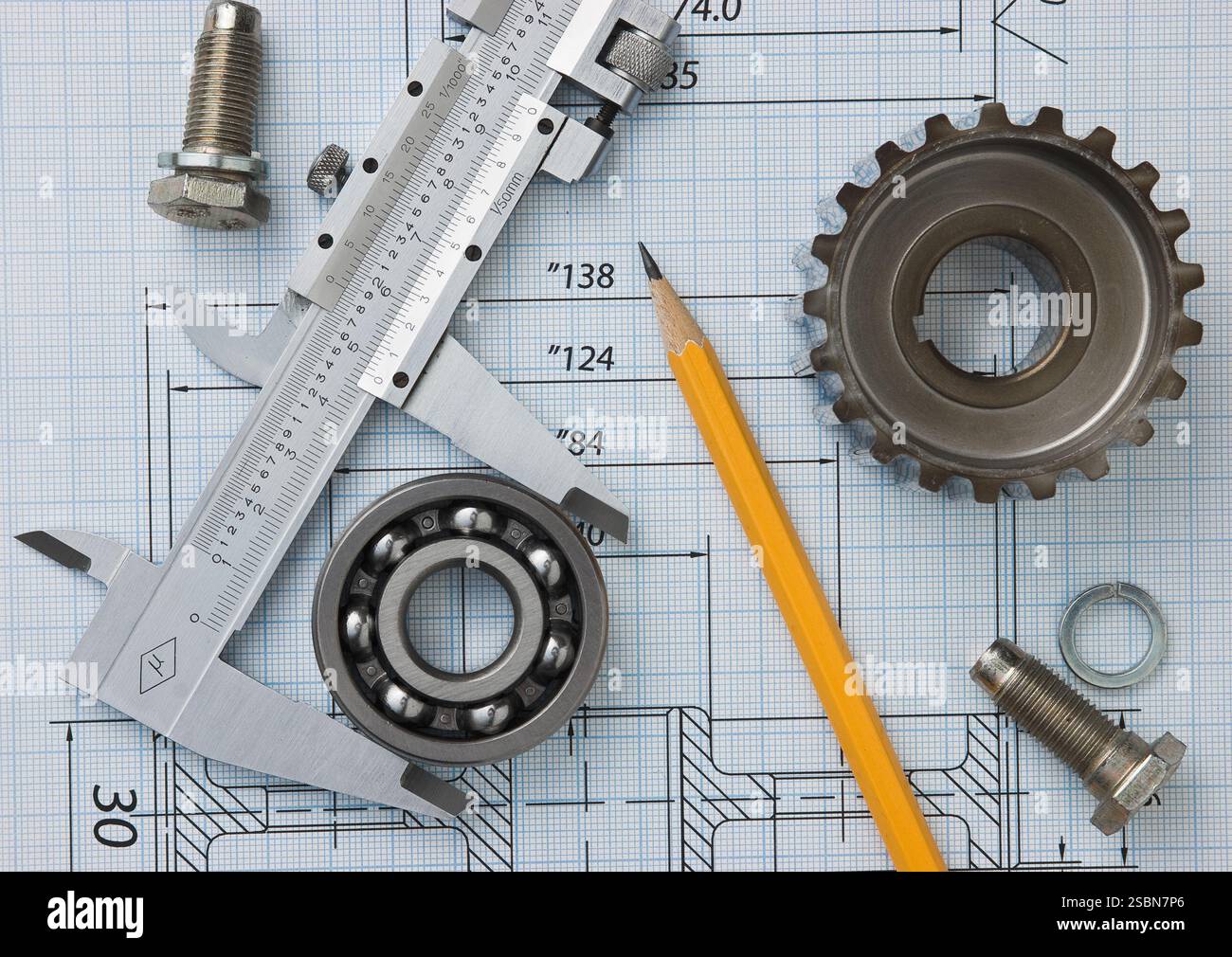 tools and mechanisms detail on the background of technical drawings ...