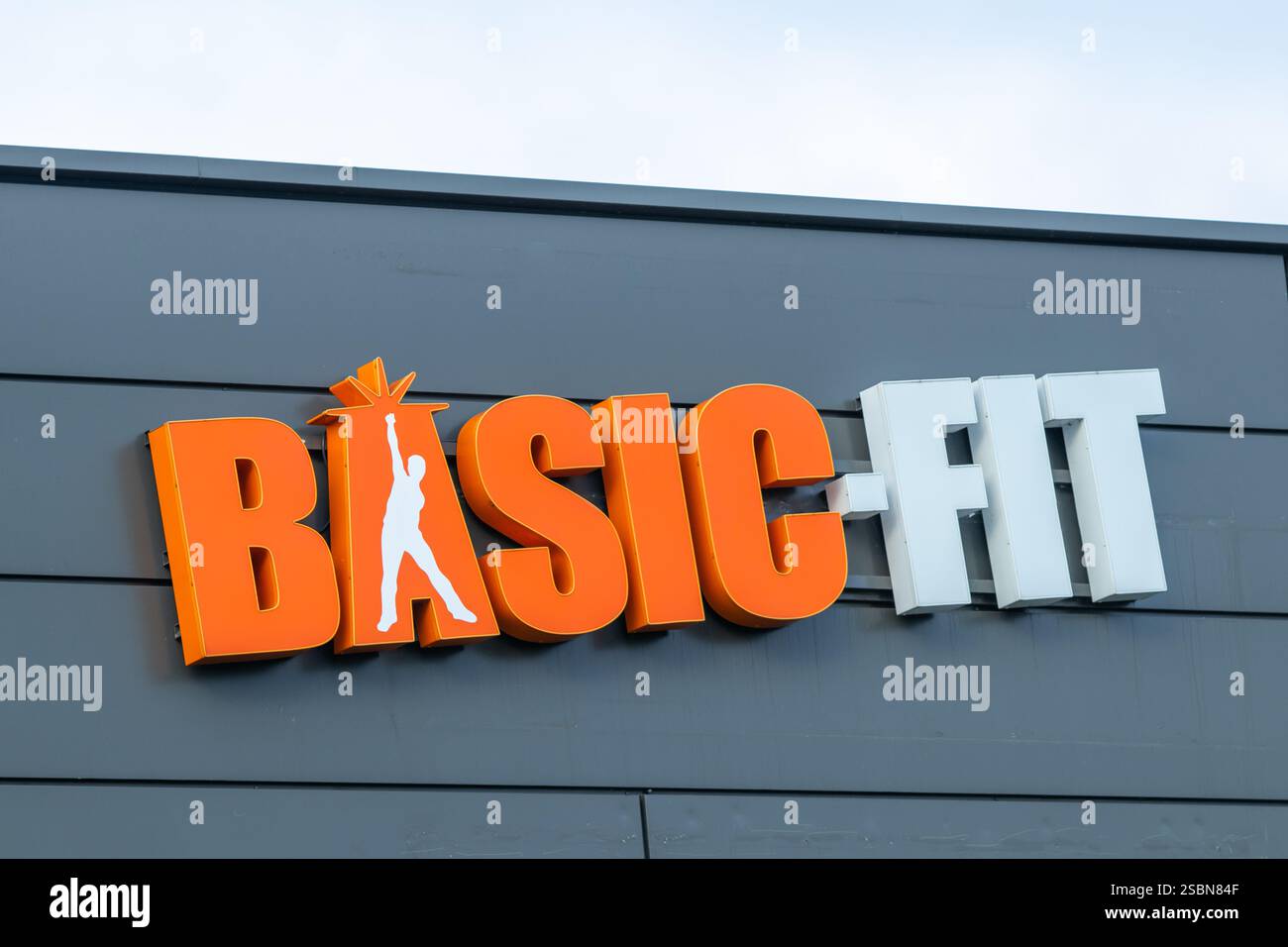 Basic-Fit logo at the gym. Basic-Fit is the largest fitness chain in ...