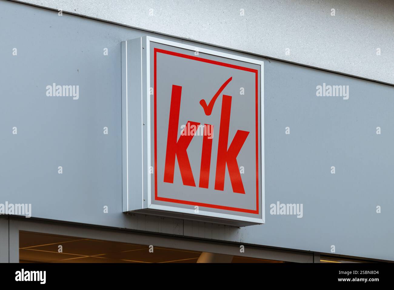 KIK shop logo, Sign of the textile discounter Kik at the entrance of a ...