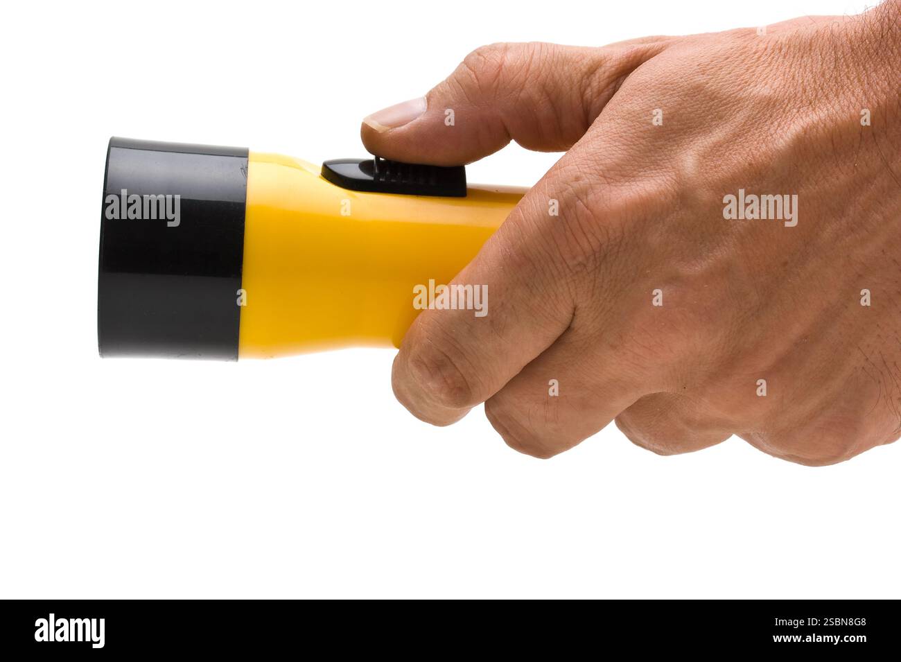 yellow flashlight in hand isolated on white background Stock Photo - Alamy