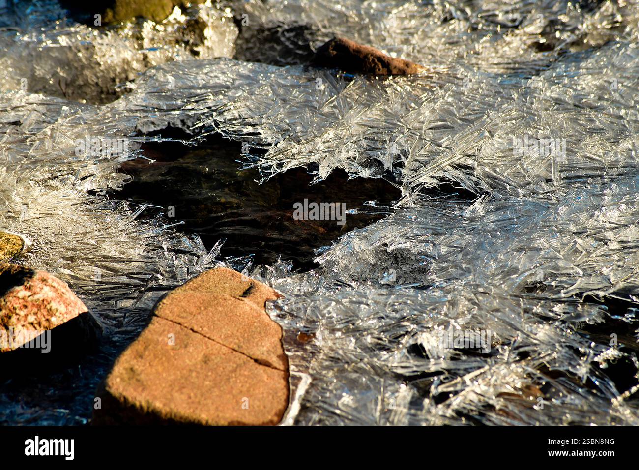 Horizontal photo of ice patterns with a hole in the middle. Beach ...