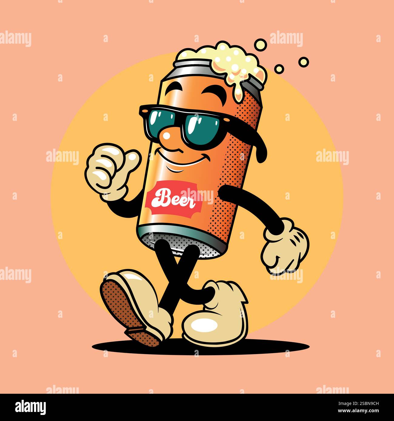 Smiling beer can character, walking, wearing sunglasses. Vintage ...