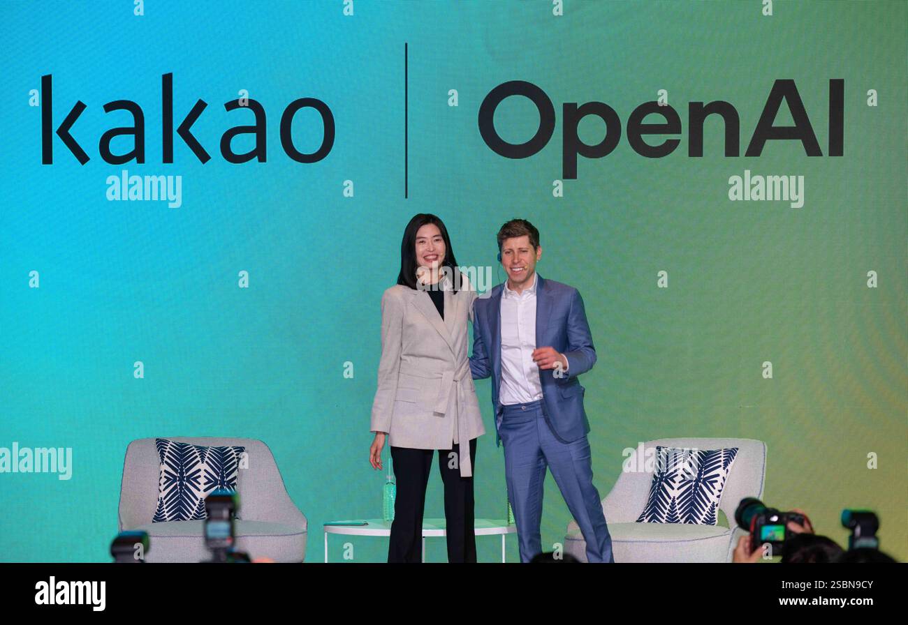 Seoul, South Korea. 04th Feb, 2025. Open AI CEO Sam Altman (R) and Kakao CEO Chung Shin-a (L ...