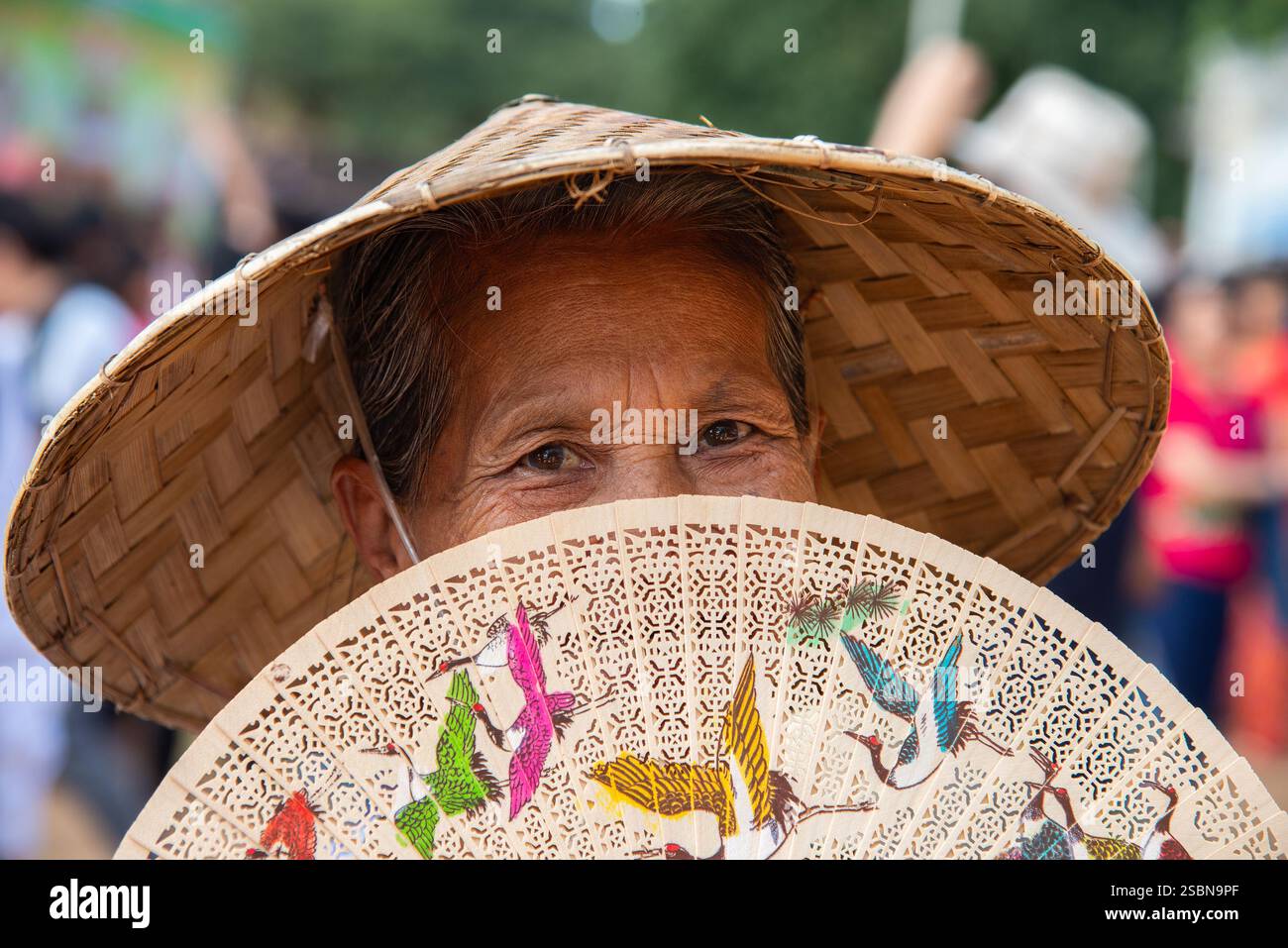 Portrait of a Burmese woman wearing a conical hat with a fan covering ...