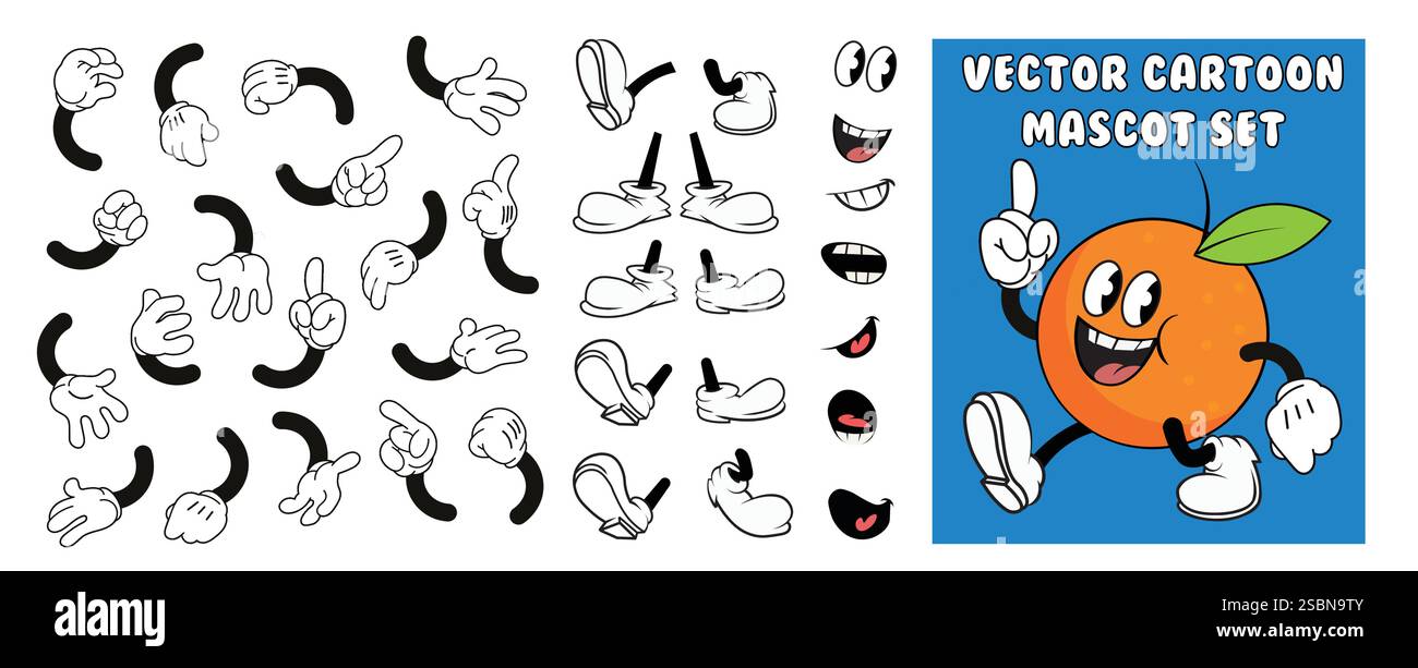 vector 1940's style vintage cartoon mascot set: hands, legs and faces ...