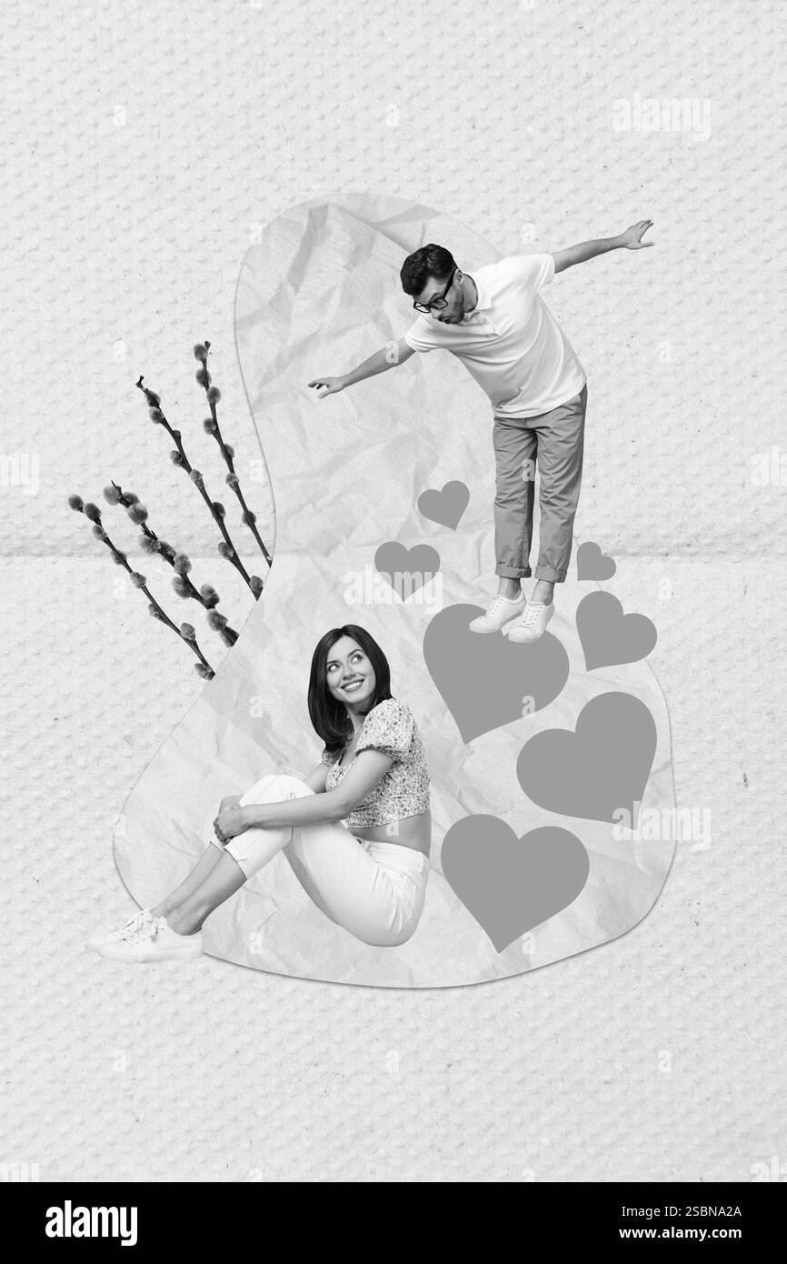 Creative photo collage poster postcard magazine sketch of cute couple ...