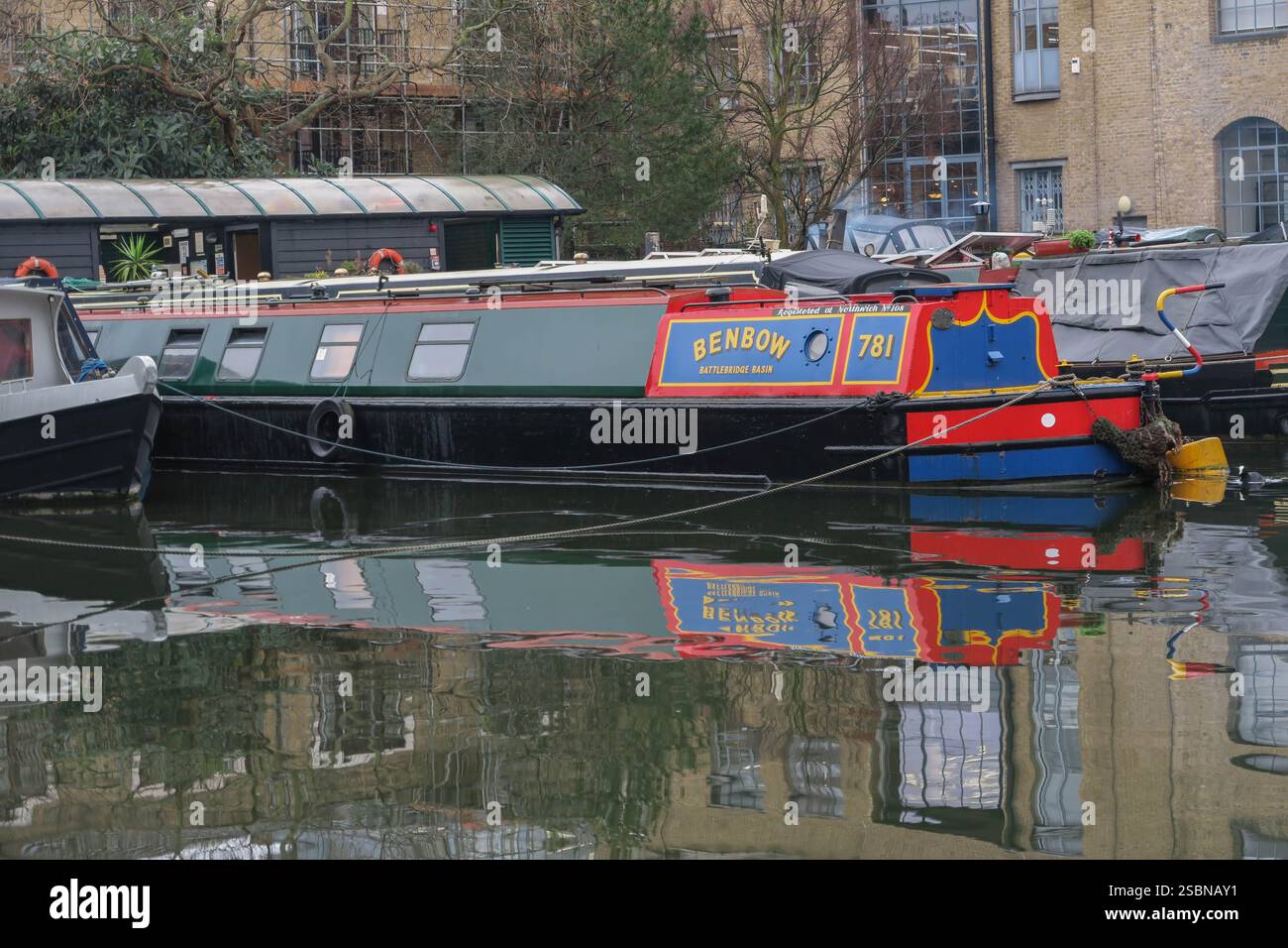 Historic narrowboat, Benbow, moored in Battlebridge Basin outside the ...