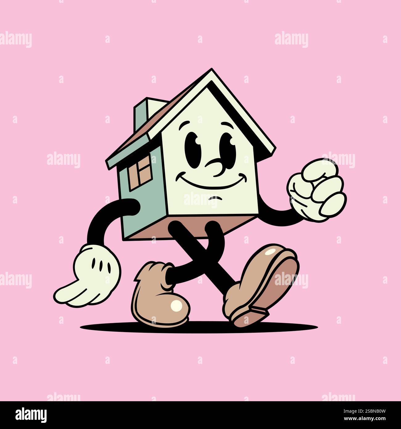 Vintage cartoon house mascot, walking and smiling, 1940s classic ...