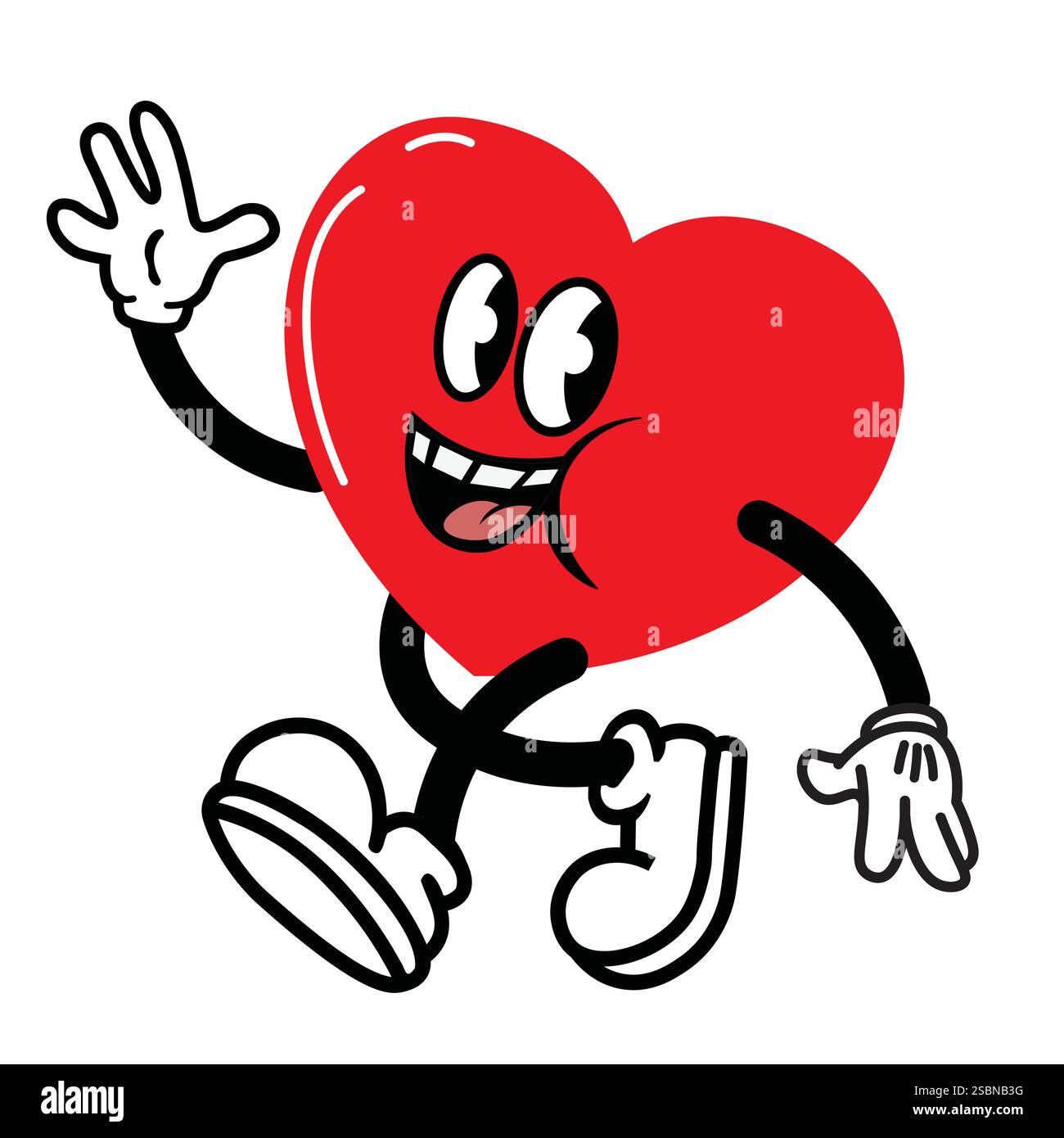 1930's style vintage cartoon red heart mascot walking and waving his ...