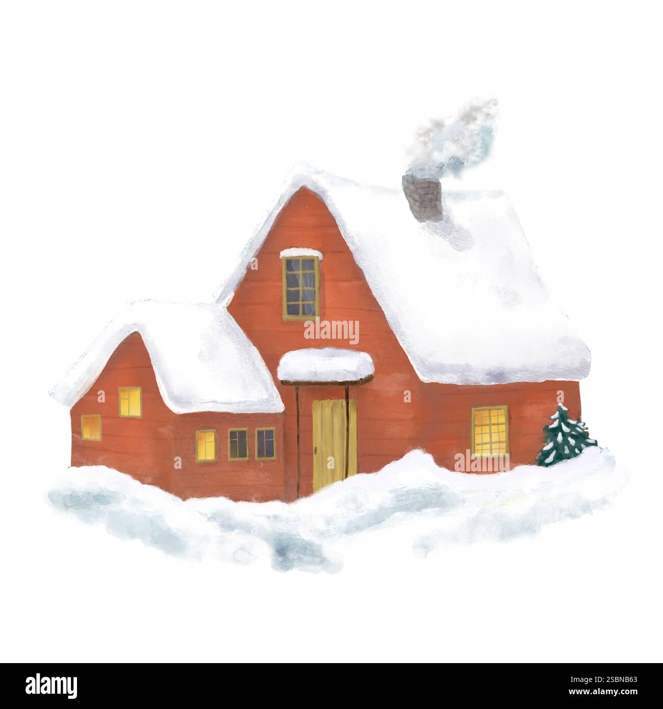 Cute house with snow-covered roof. Small windows, porch and chimney ...