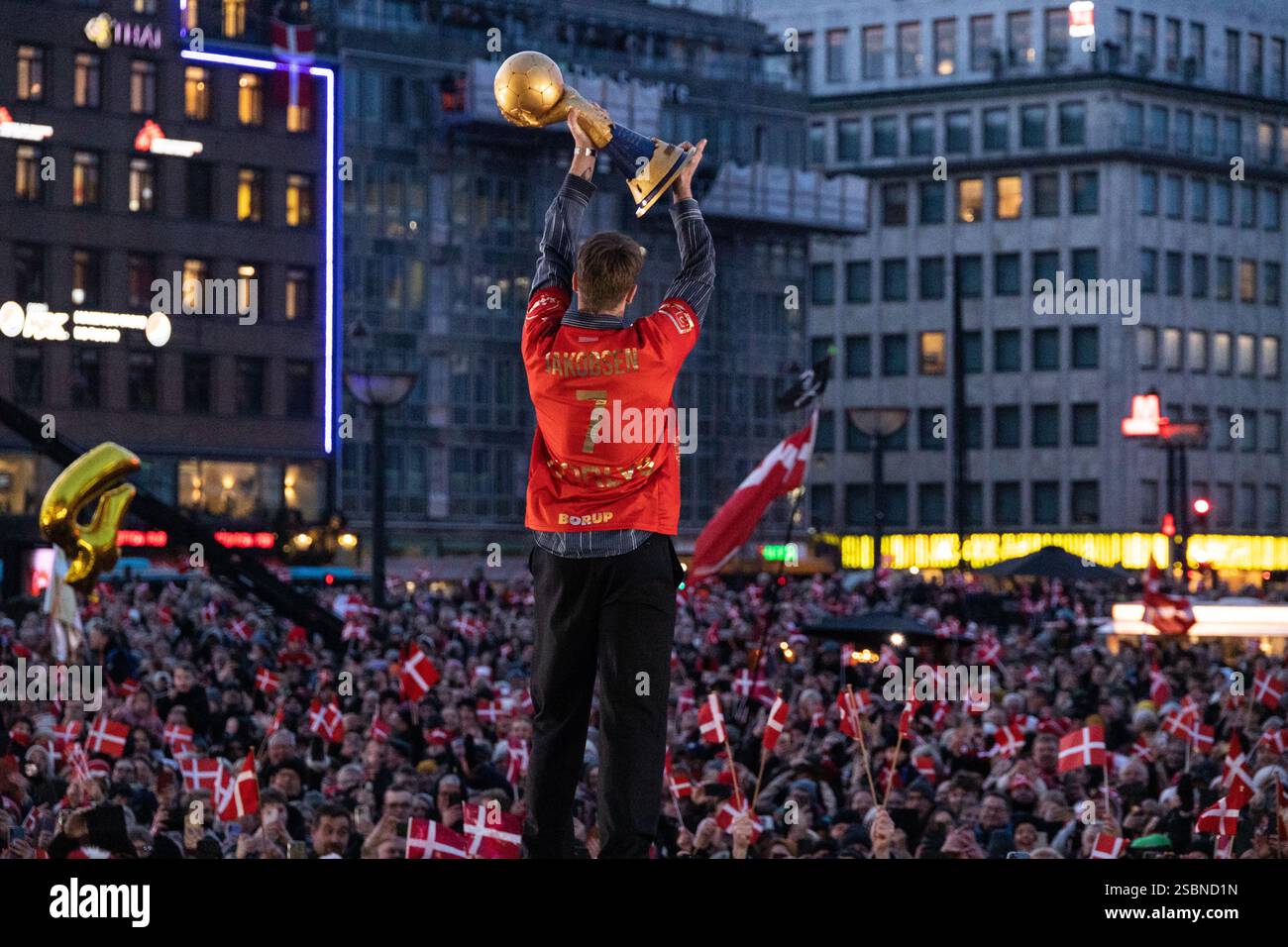 Copenhagen, Denmark. 03rd Feb, 2025. Emil Jakobsen lifts the trophy for ...
