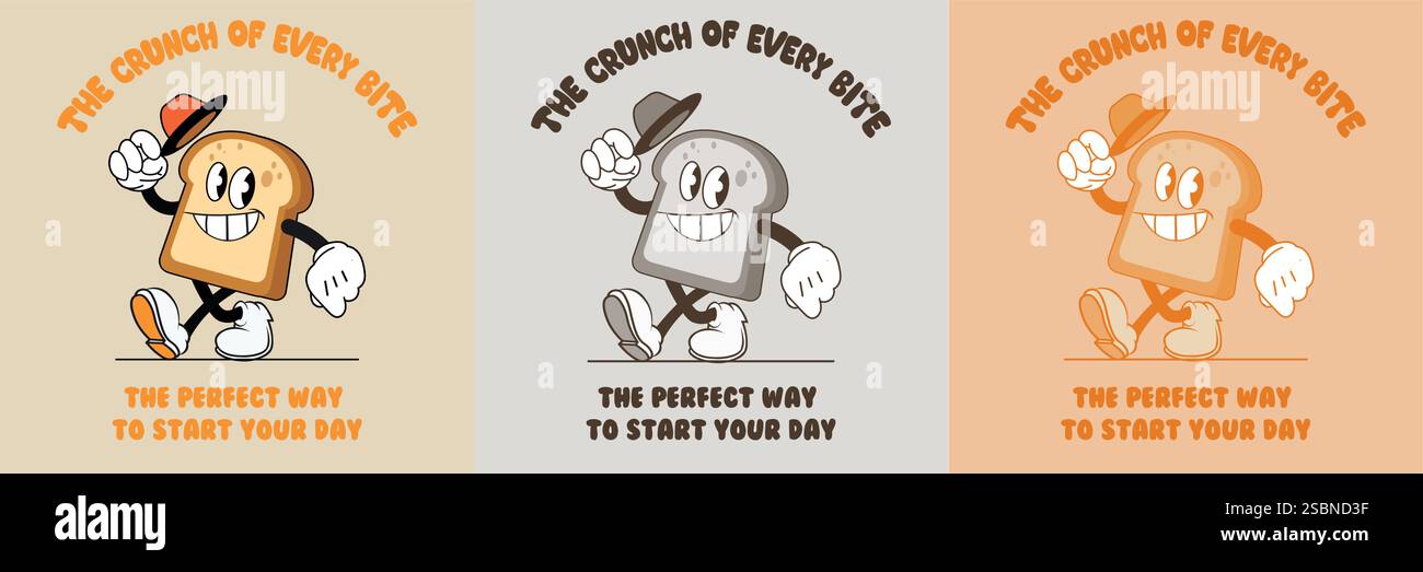 Set of vintage cartoon mascot character, smiling toast, product retro ...